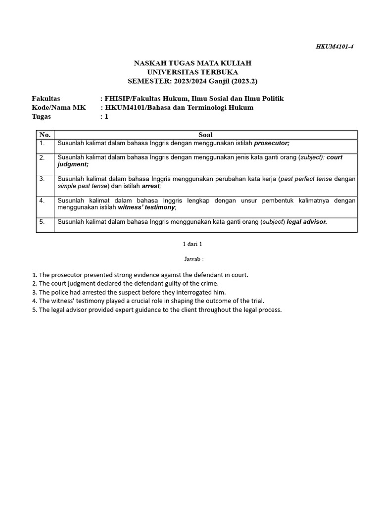 TMK 1 Bahasa Dan Terminologi Hukum HKUM4101 | PDF
