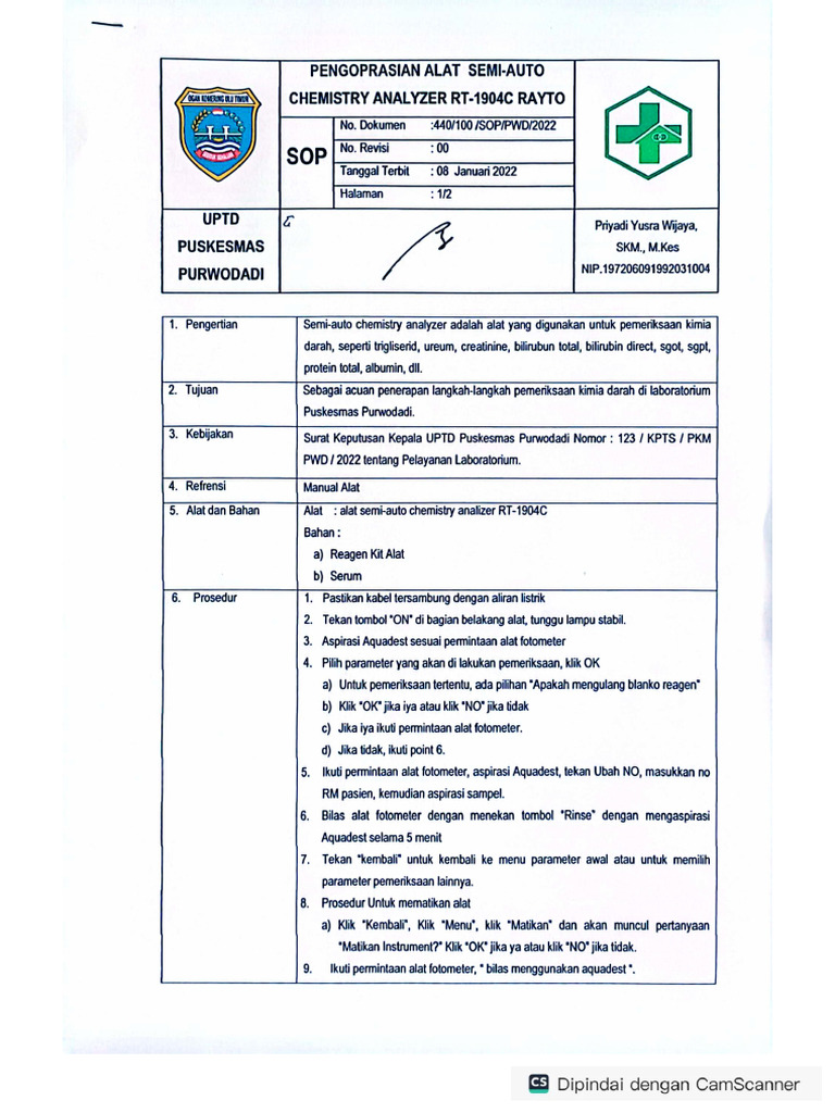Sop Pengoprasian Alat Semi-Auto Chemistry Analyzer rt-1904c Rayto | PDF