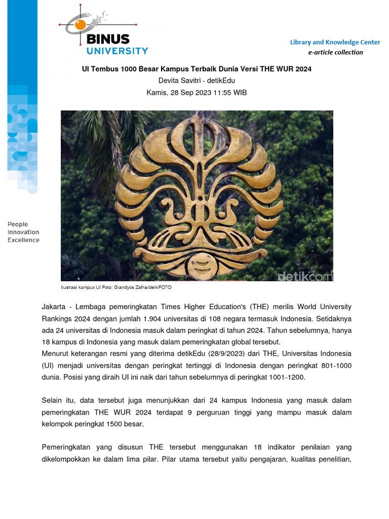 UI Tembus 1000 Besar Kampus Terbaik Dunia Versi The WUR 2024 | PDF ... UI Tembus 1000 Besar Kampus Terbaik Dunia Versi The WUR 2024 | PDF ...