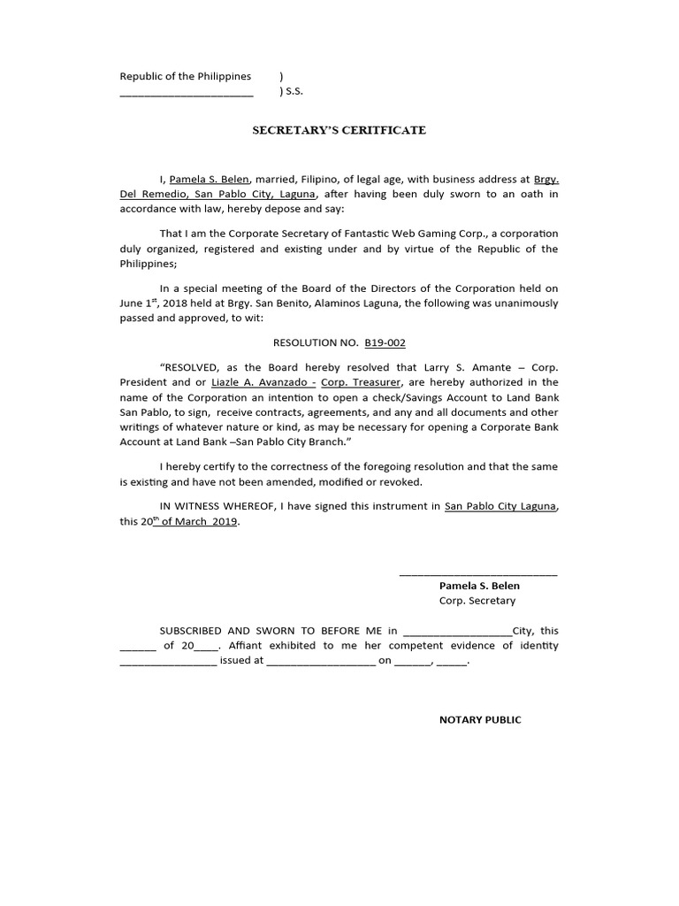 Secretary's Certificate for Landbank Account | PDF | Law