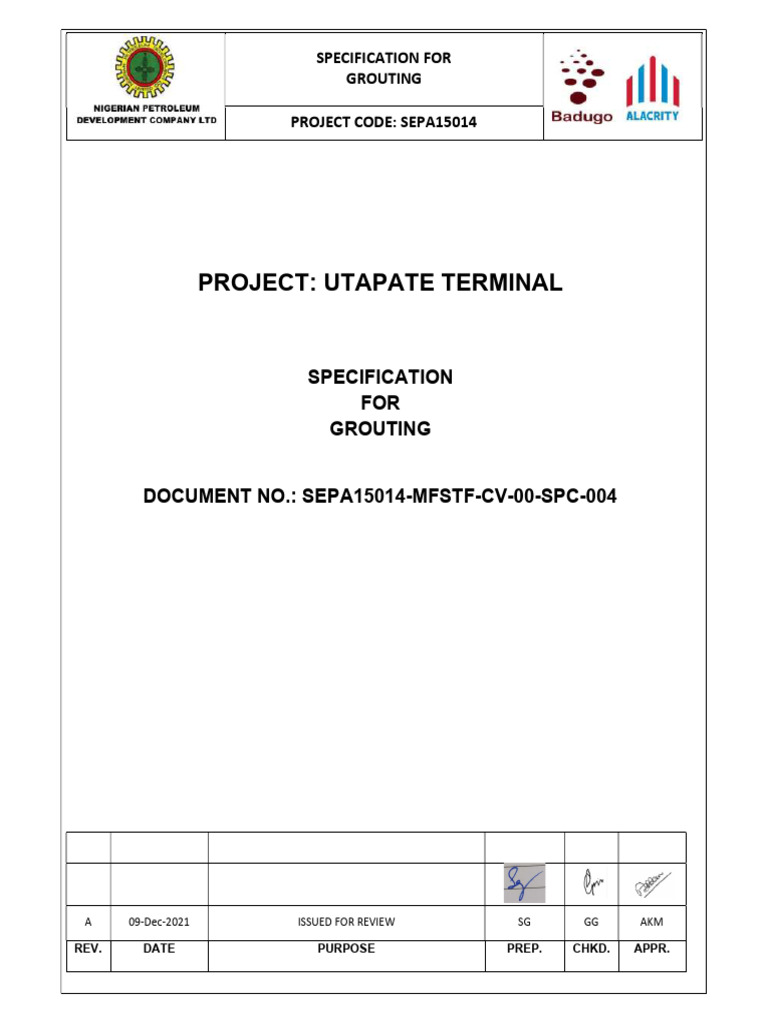 SEPA15014 MFSTF CV 00 SPC 004 - Specification For Grouting - Rev A | PDF | Concrete ...