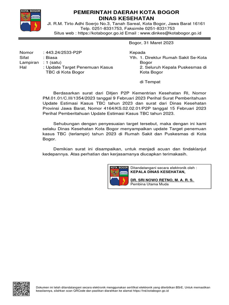 Surat Pemberitahuan Target Kasus TB - Update | PDF