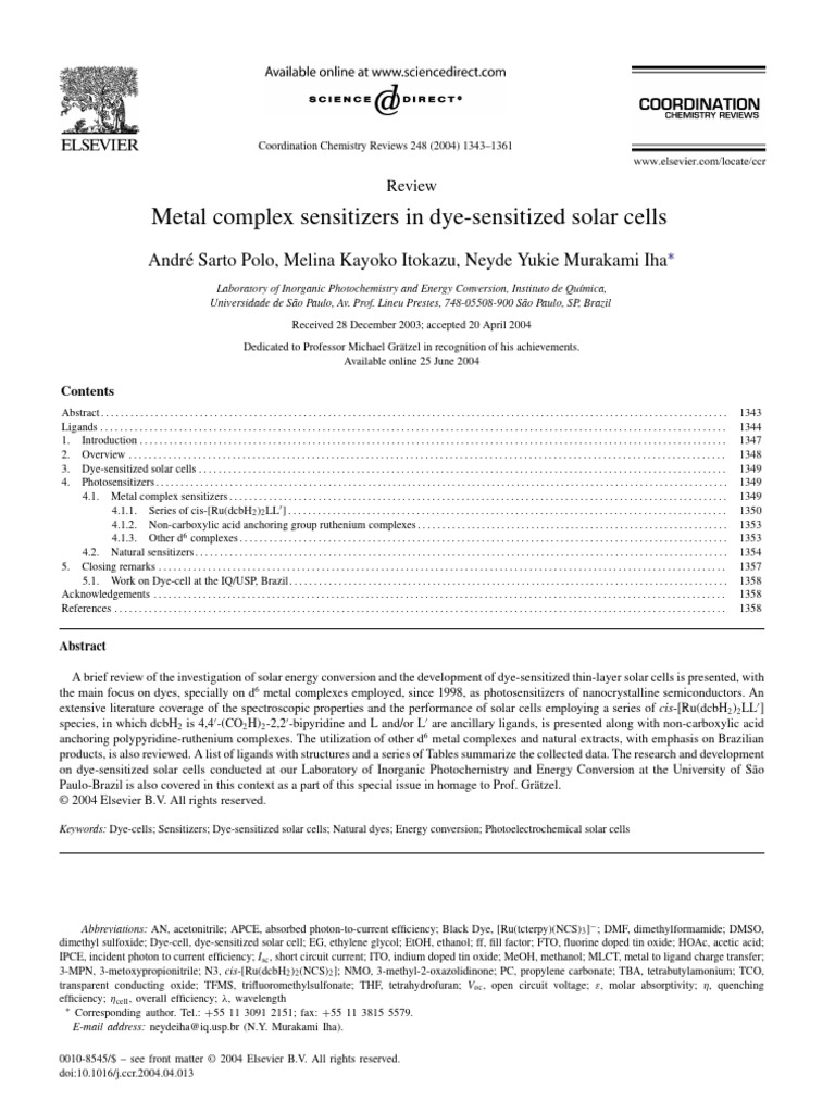 Metal complex sensitizers in dye-sensitized solar cells | PDF | Solar ...