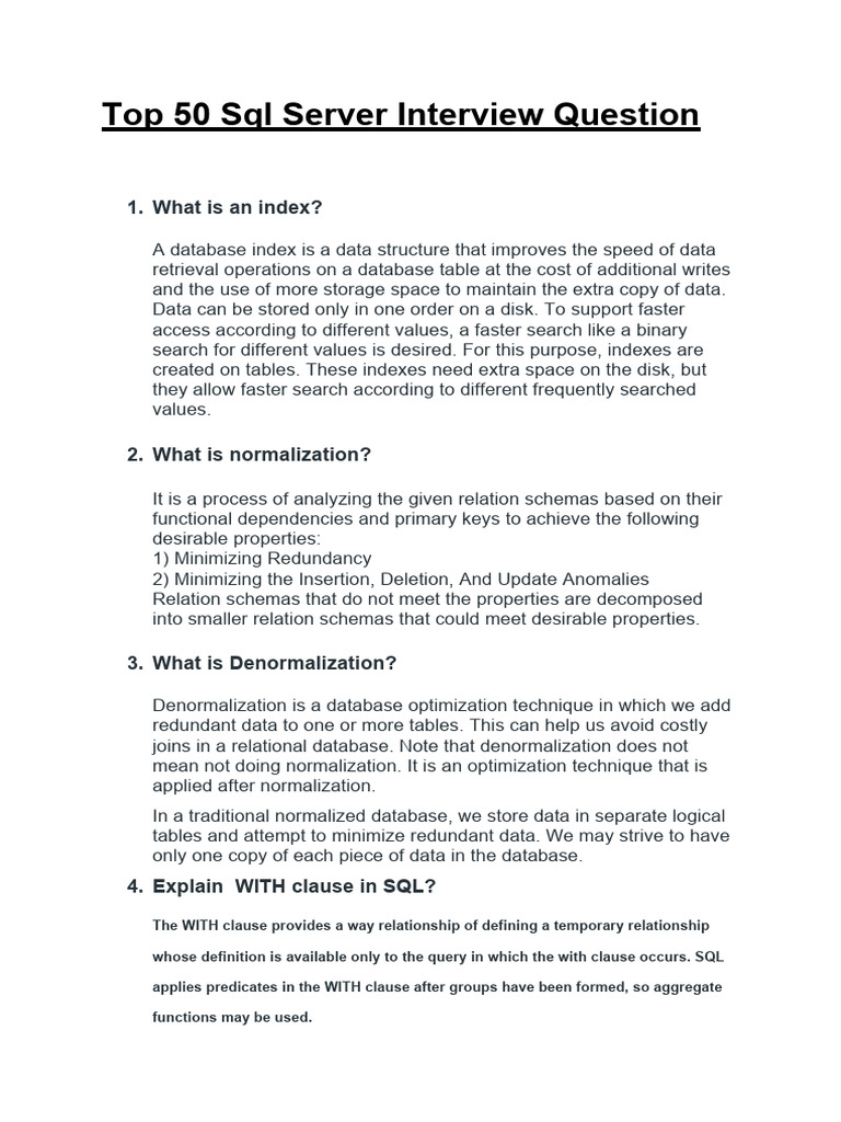 Top 50 SQL Server Interview Question | Download Free PDF | Database Index | Relational Database