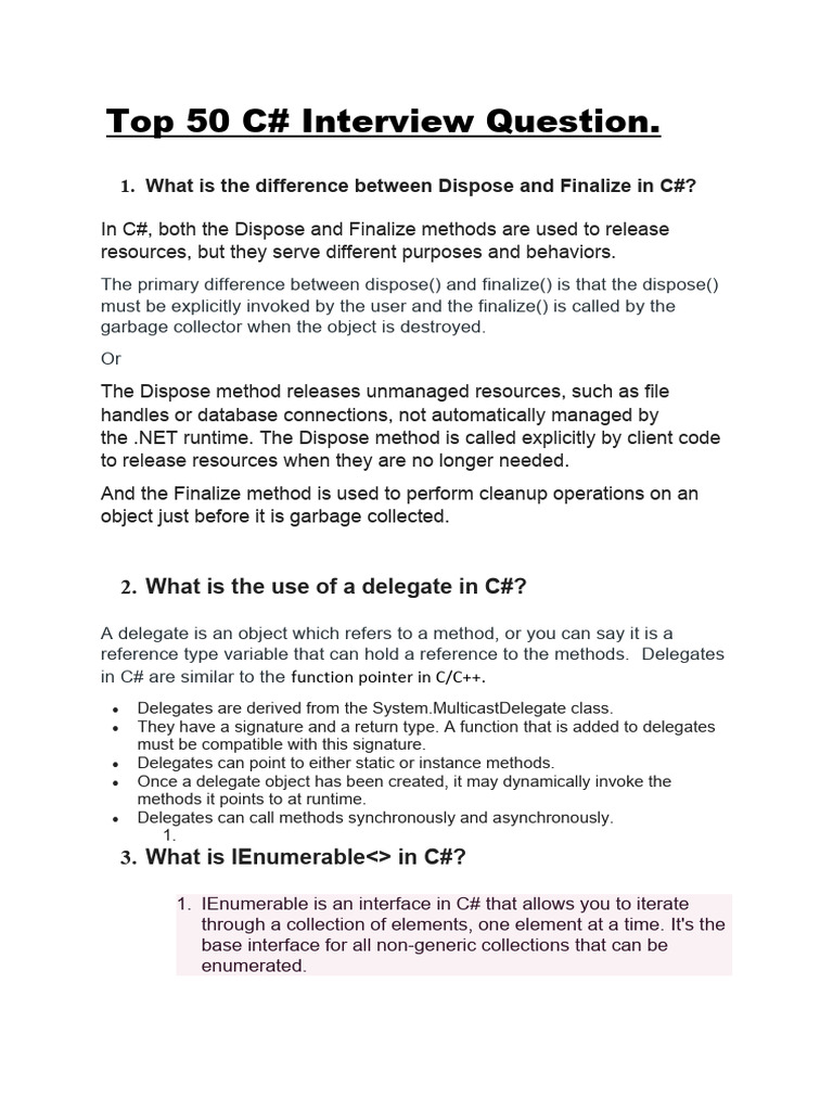Top 50 C# Questions | PDF | C Sharp (Programming Language) | Method (Computer Programming)