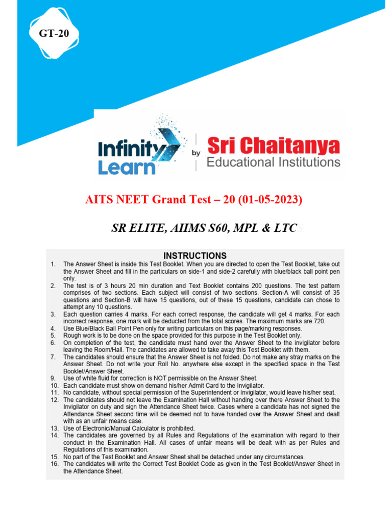 SR Elite, Aiims S60, MPL & LTC Aits Grand Test - 20 Paper (01-05-2023 ...