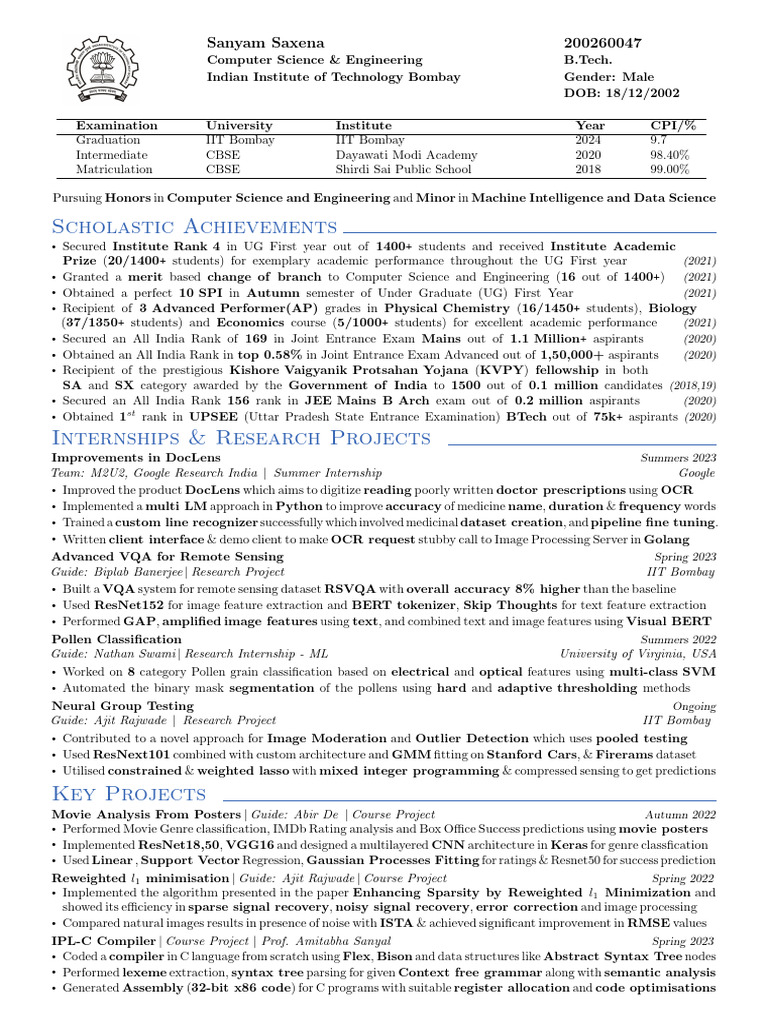 Sanyam Saxena: IIT Bombay CSE Achievements | PDF | Parsing | Compiler