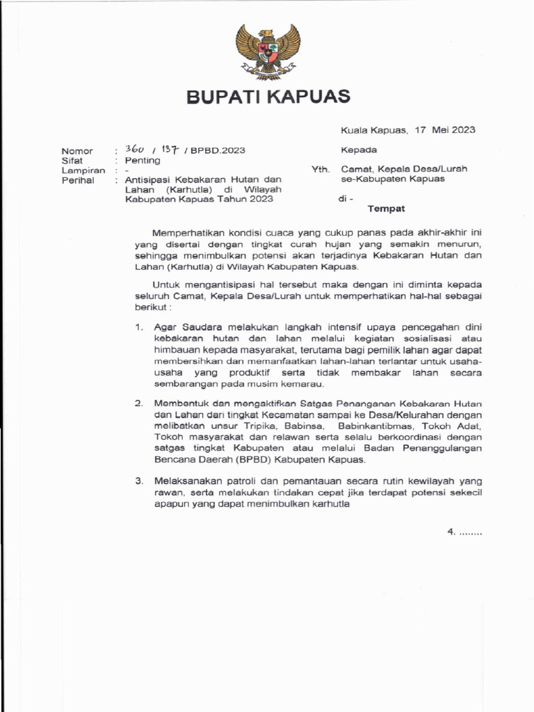 Surat Bupati Kapuas Tetntang Antisipasi Karhutla Di Wilayah Kab ... Surat Bupati Kapuas Tetntang Antisipasi Karhutla Di Wilayah Kab ...