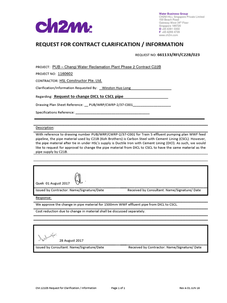 Reply To RFI 023 - Request To Change DICL To CSCL Pipe | PDF