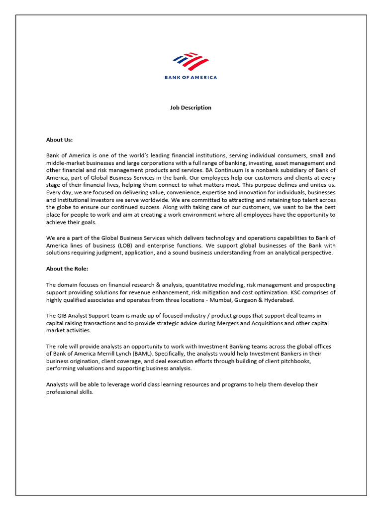 Investment Banking Analyst Job Description | PDF | Financial Analyst ...