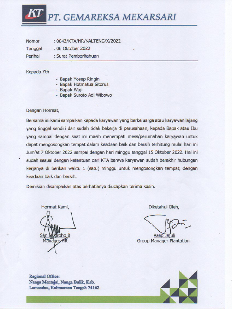 Surat Pemberitahuan Pengosongan Mess | PDF