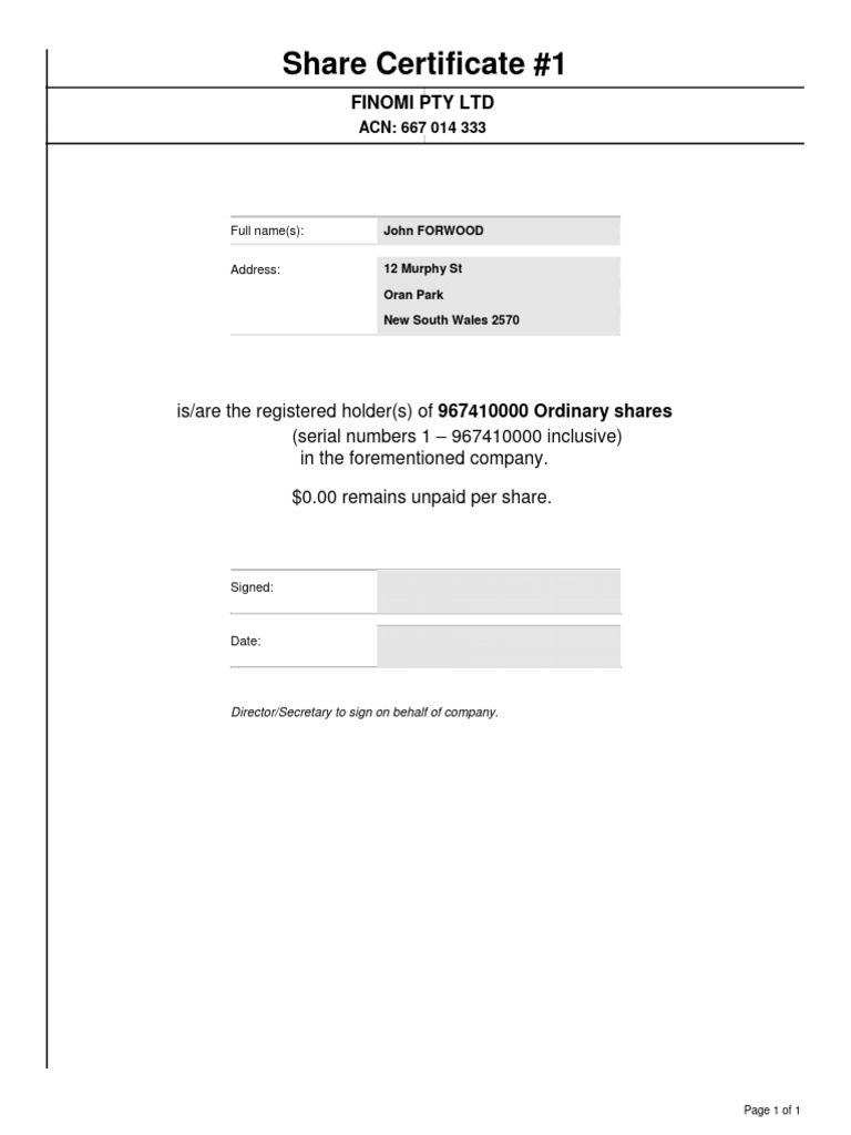 FINOMI PTY LTD Share Certificate Details | PDF