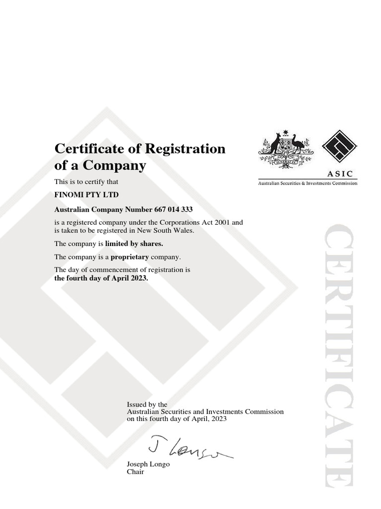 Finomi Pty Ltd Registration Certificate | PDF