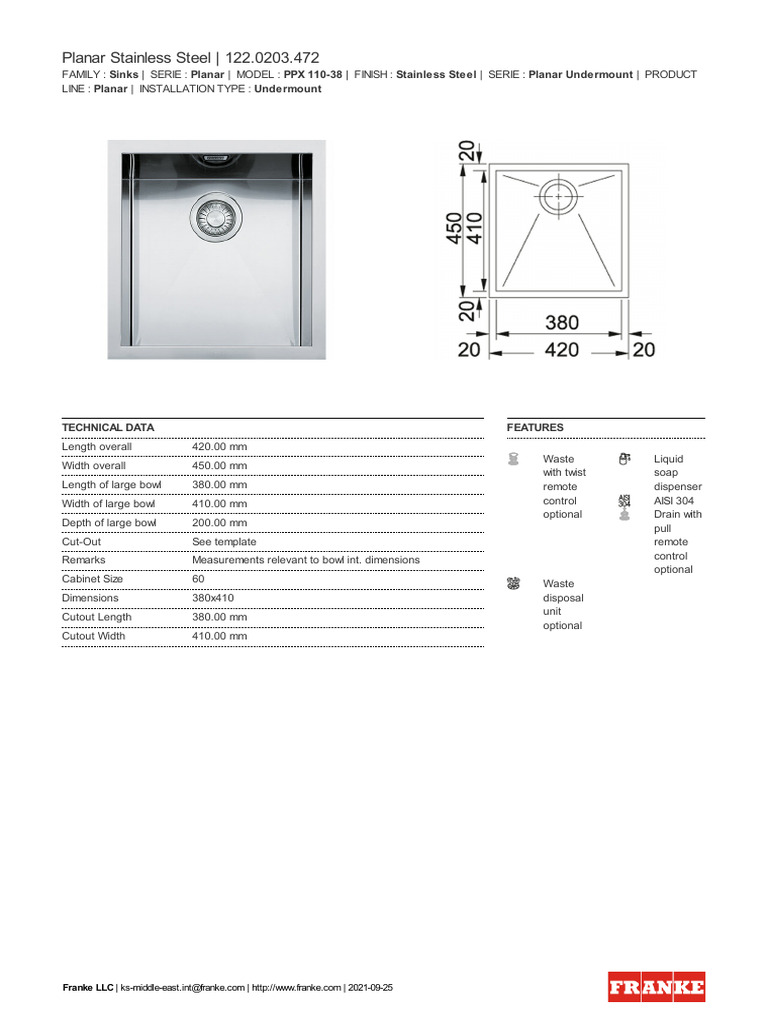 Franke Planar PPX 110 38 Kitchen Sink 122.0203.472 Data Sheet | PDF