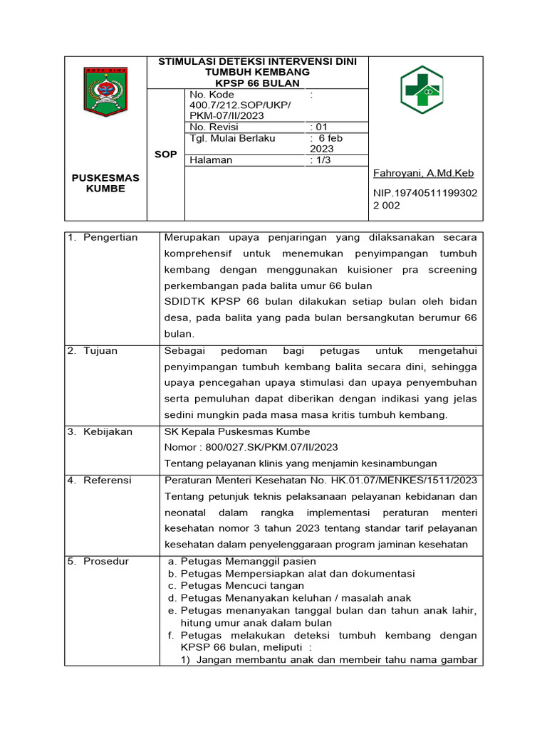 Sop Sdidtk KPSP 66 Bulan | PDF | Karier & Perkembangan | Kesehatan Holistik