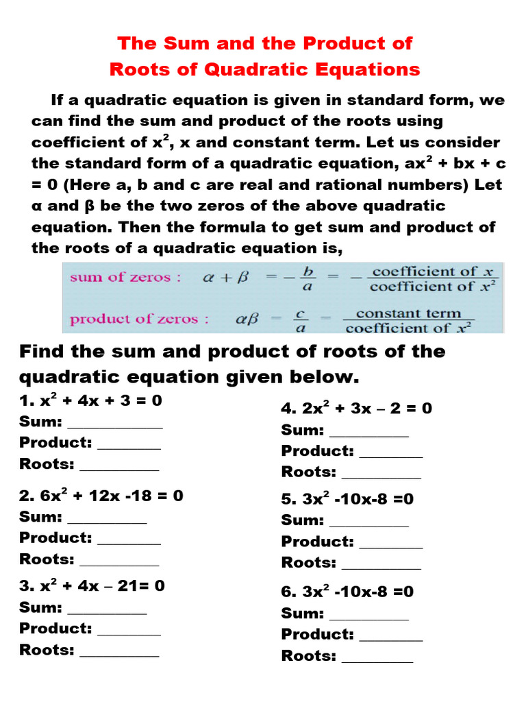 The Sum And The Product Of Roots Of Quadratic Equations Pdf