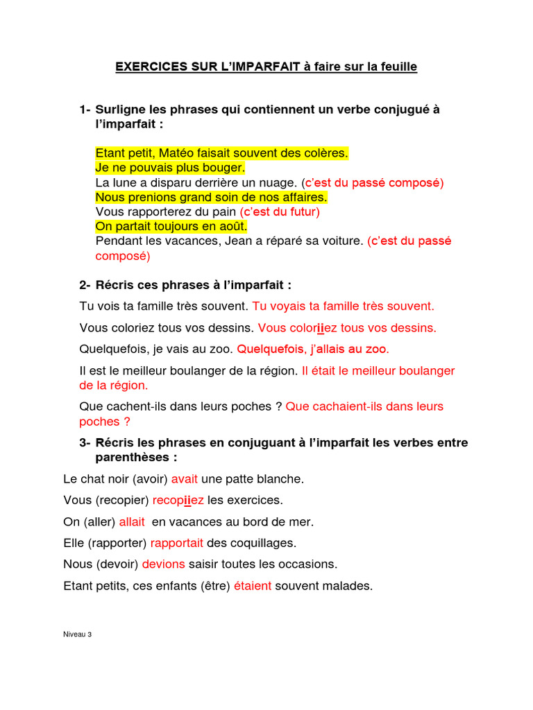 Exercices sur l'imparfait avec corrigés | PDF