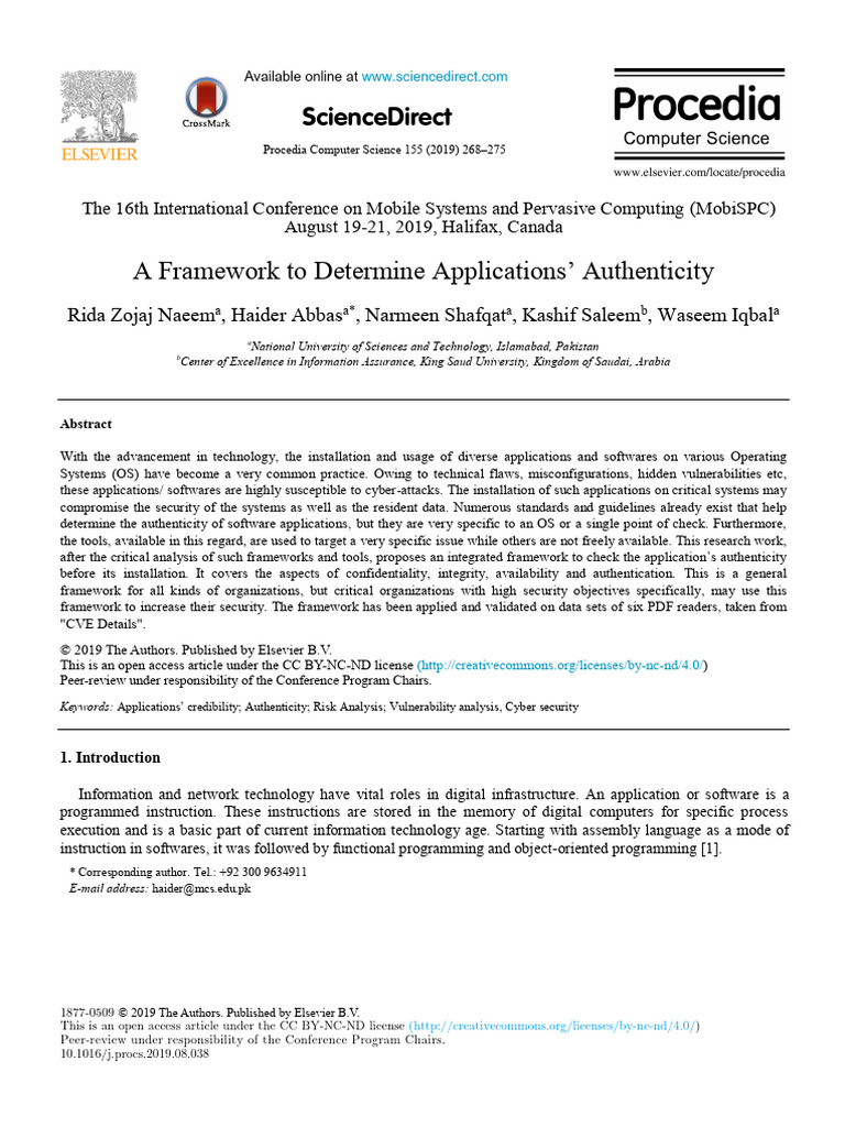 A Framework To Determine Applications Authenti - 2019 - Procedia Computer Scien | PDF | Computer ...