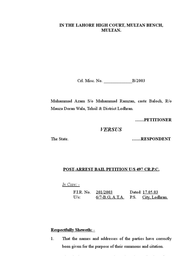 Versus: in The Lahore High Court, Multan Bench, Multan | PDF | Bail ...