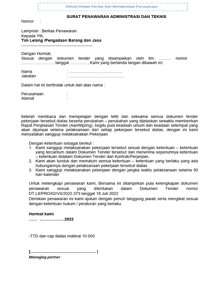 contoh Surat Penawaran Administrasi dan Teknis | PDF