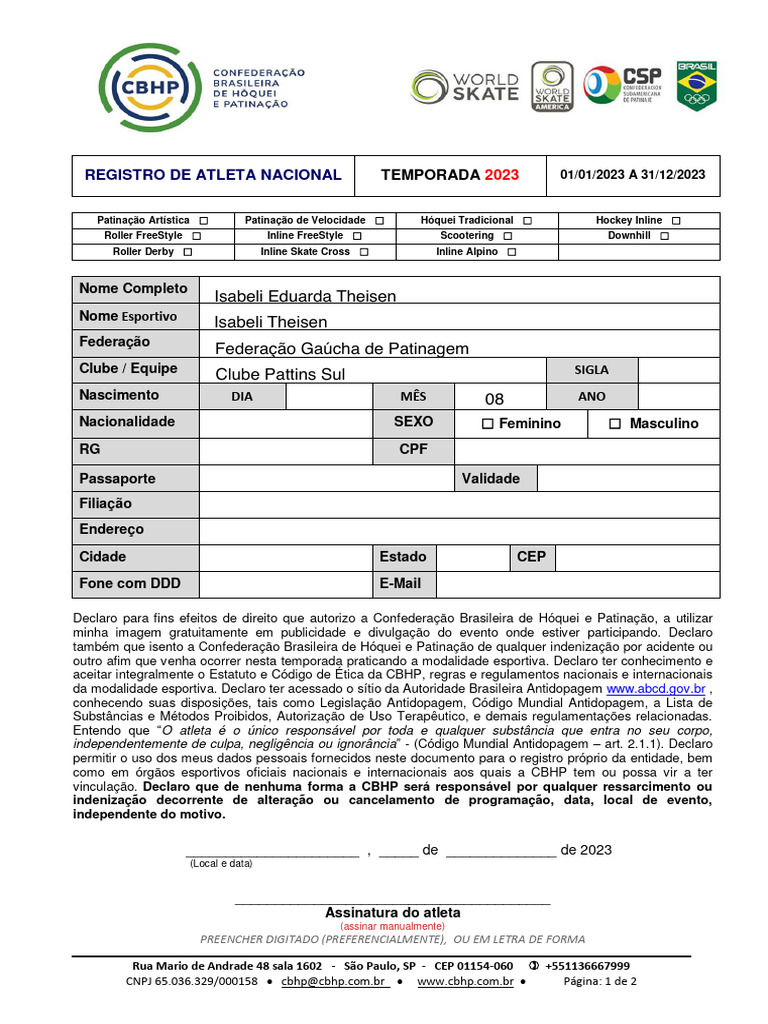 CBHP 2023 Ficha de ATLETA Nacional Form | PDF CBHP 2023 Ficha de ATLETA Nacional Form | PDF