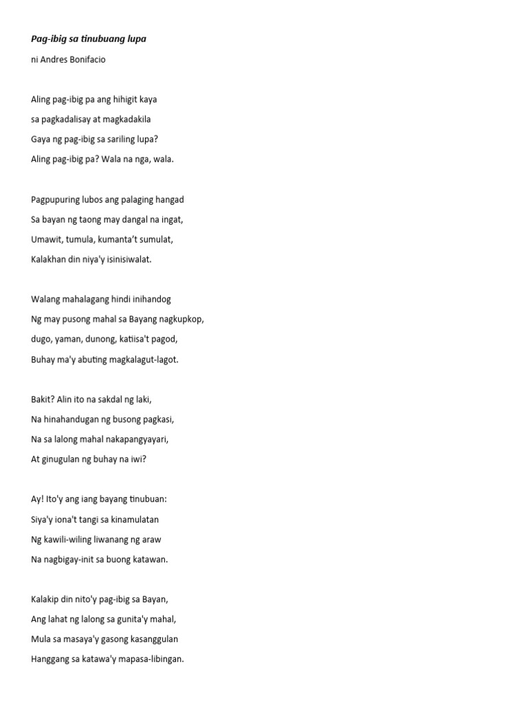 Pag-Ibig Sa Tinubuang Lupa by Andrés Bonifacio | PDF