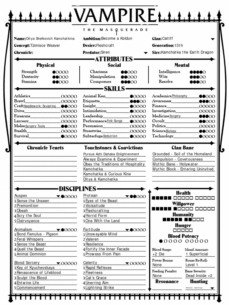Ditya V5 Character Sheet Example | PDF