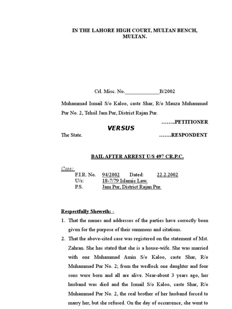 In The Lahore High Court, Multan Bench, Multan.: Versus | PDF | Bail ...