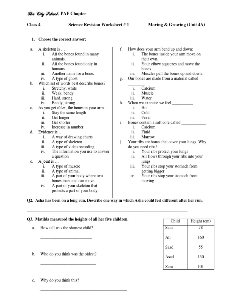 Science Grand Worksheet Class 4 | PDF | Bone | Skeleton