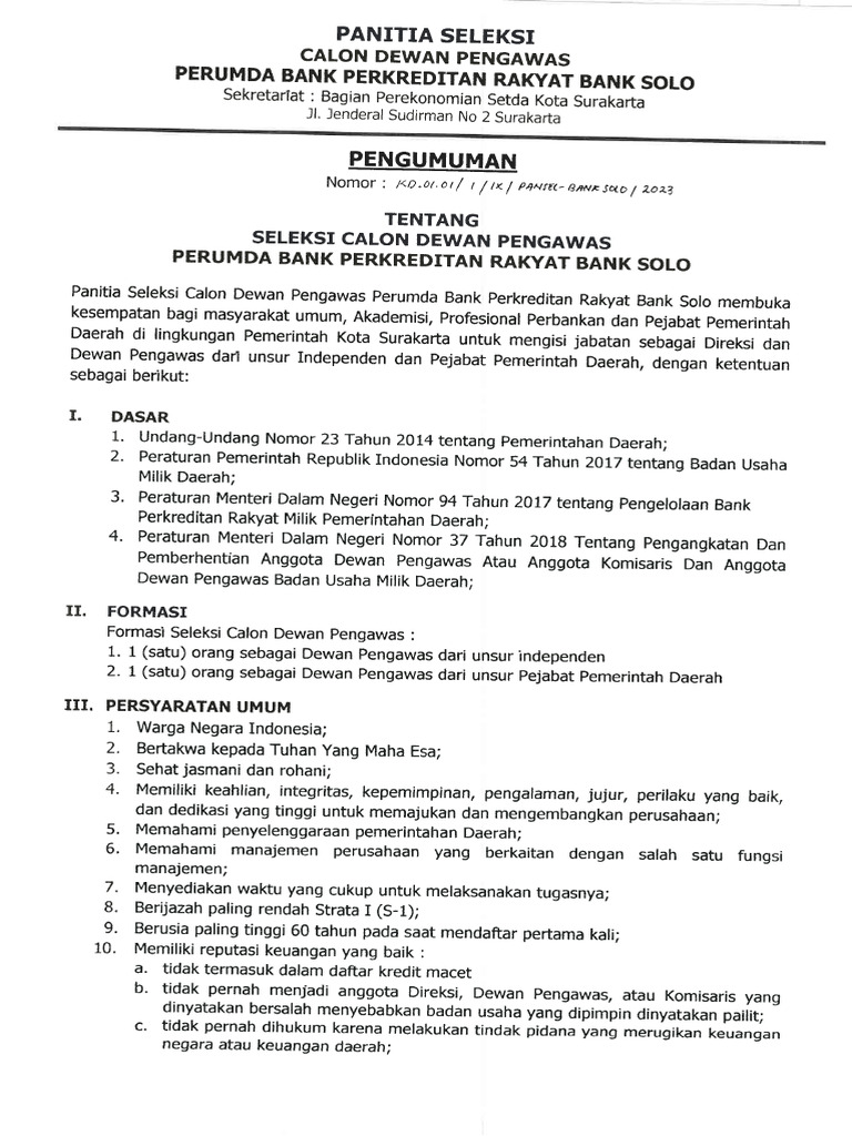 Pengumuman Seleksi Bank Solo 2023 | PDF