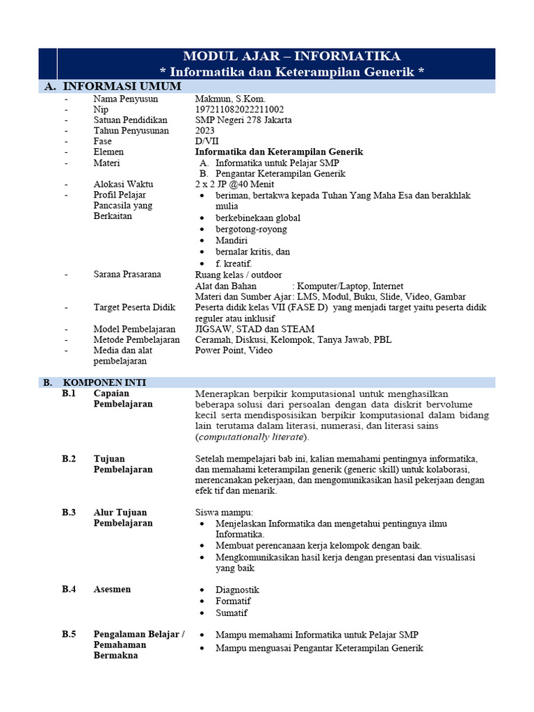 Modul Ajar - Informatika 7 - 1 (2023-2024) Makmun | PDF | Karier ...