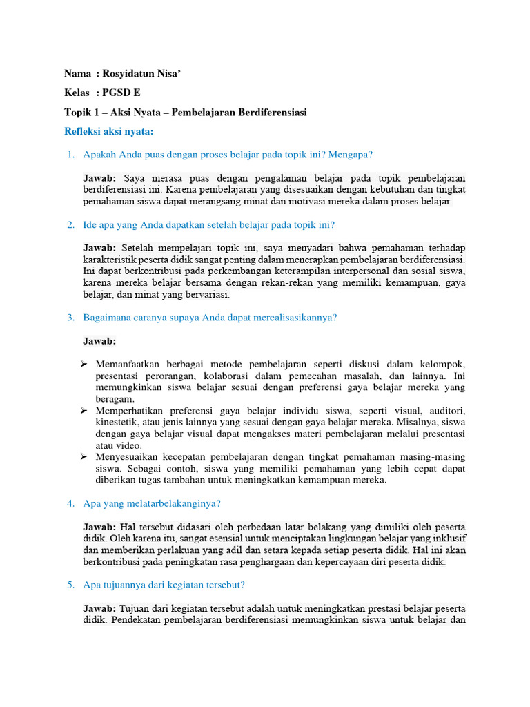Topik 1 - Aksi Nyata - Pembelajaran Berdiferensiasi | PDF