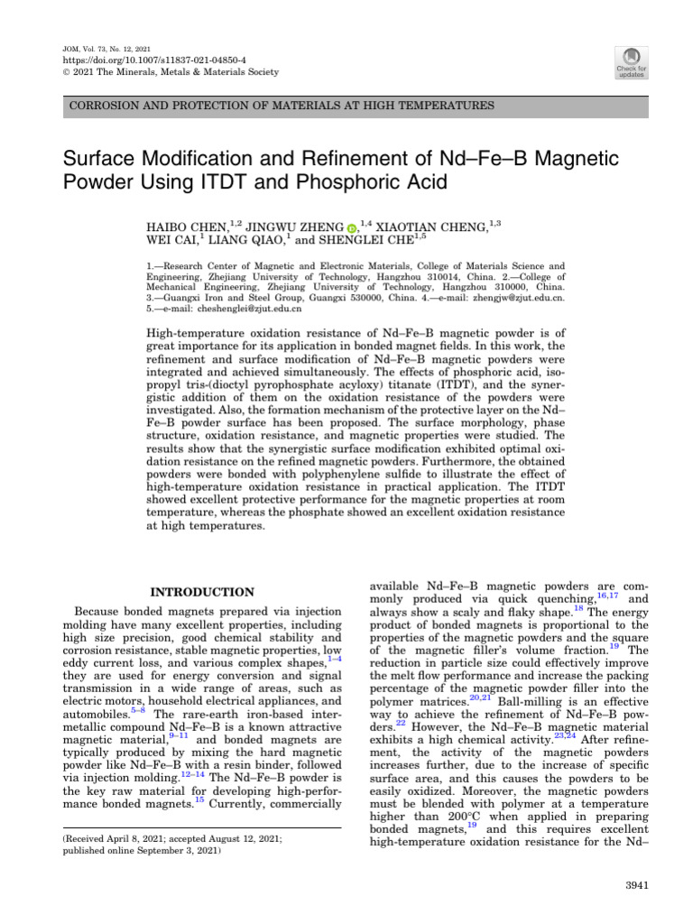 Chen Haibo Surface Modification and Refinement of ND | PDF | Iron | Magnet