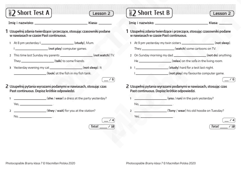 Brainy Kl7 Short Tests Unit 2 Lesson 2 | PDF