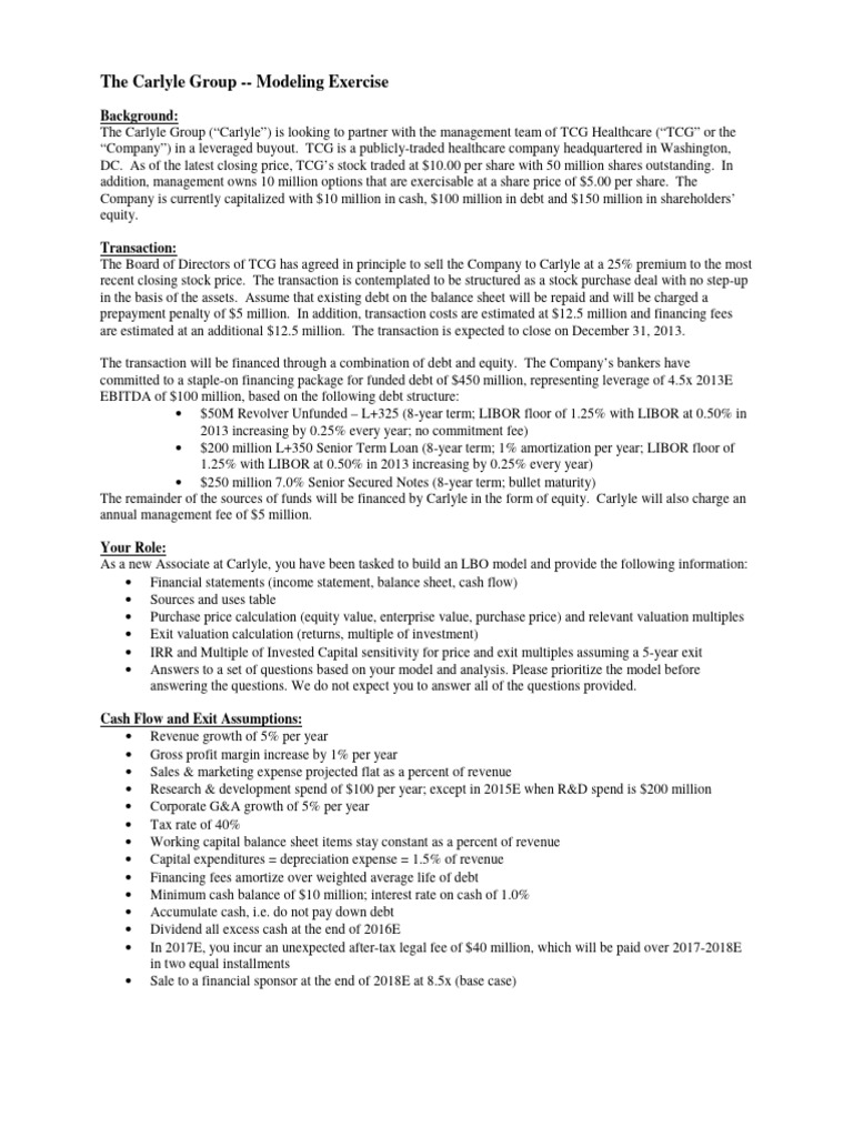 Carlyle Group LBO Modeling Exercise | PDF | Valuation (Finance) | Expense