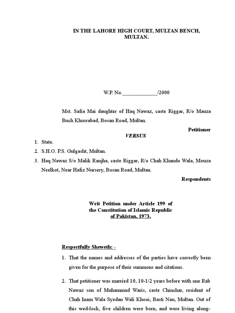 In The Lahore High Court, Multan Bench, Multan.: Versus | PDF ...