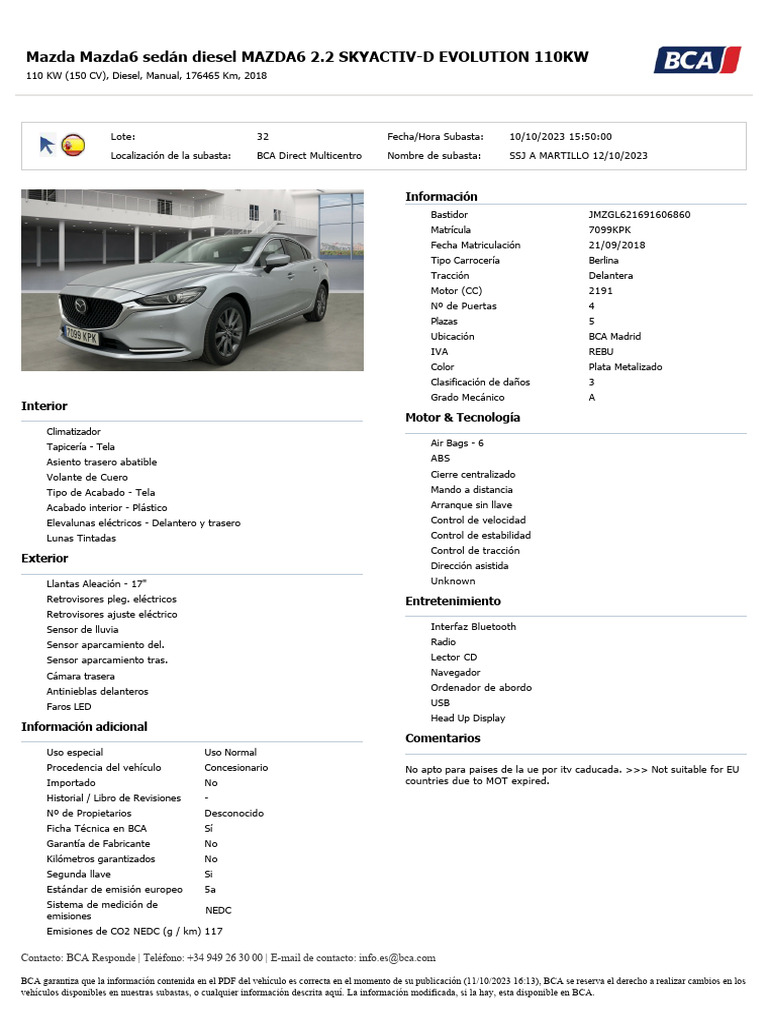 Mazda Mazda6 Sedán Diesel MAZDA6 2.2 SKYACTIV-D EVOLUTION 110KW | PDF | Transporte | Industria ...