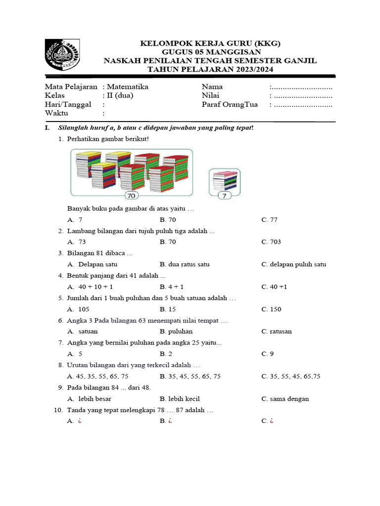 Soal PTS MTK KLS 2 Ganjil | PDF