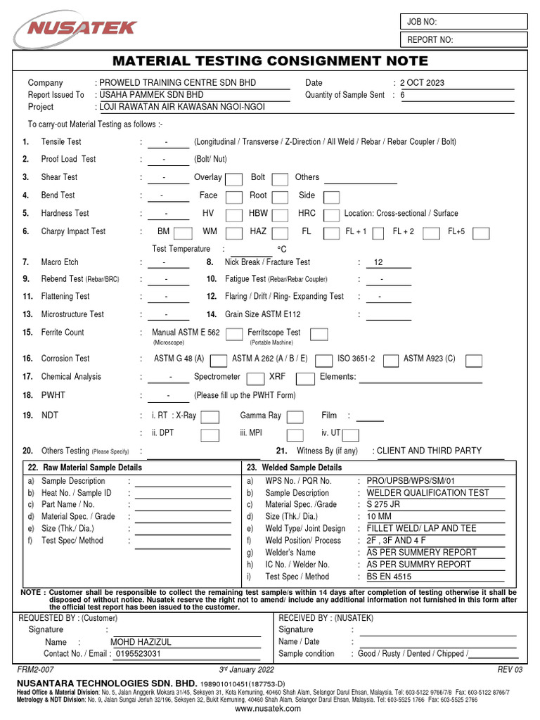FRM2-007 Rev03 (Material Testing Consignment Note) WQT PAMMEK | PDF ...