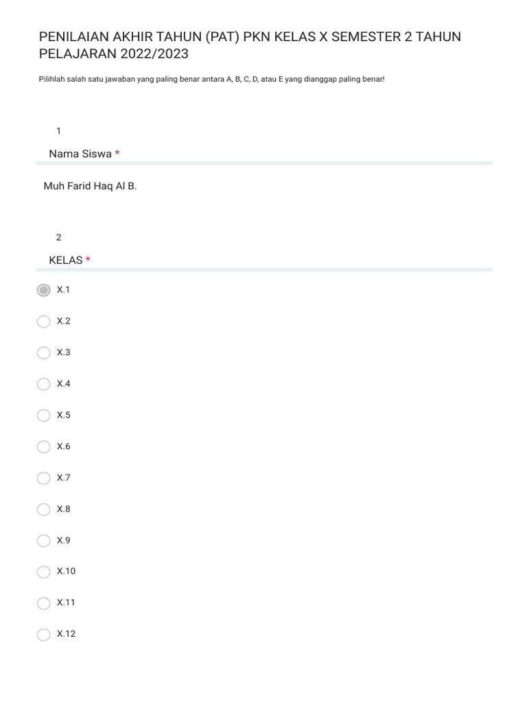 Penilaian Akhir Tahun (Pat) PKN Kelas X Semester 2 Tahun Pelajaran 2022 - 2023 | PDF