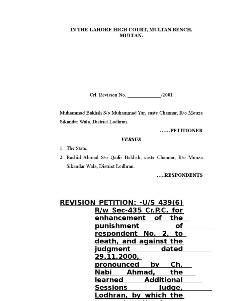 Crl. Revision No. - /2001: in The Lahore High Court, Multan Bench ...