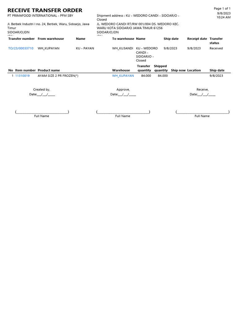Warehouse Transfer Summary | PDF