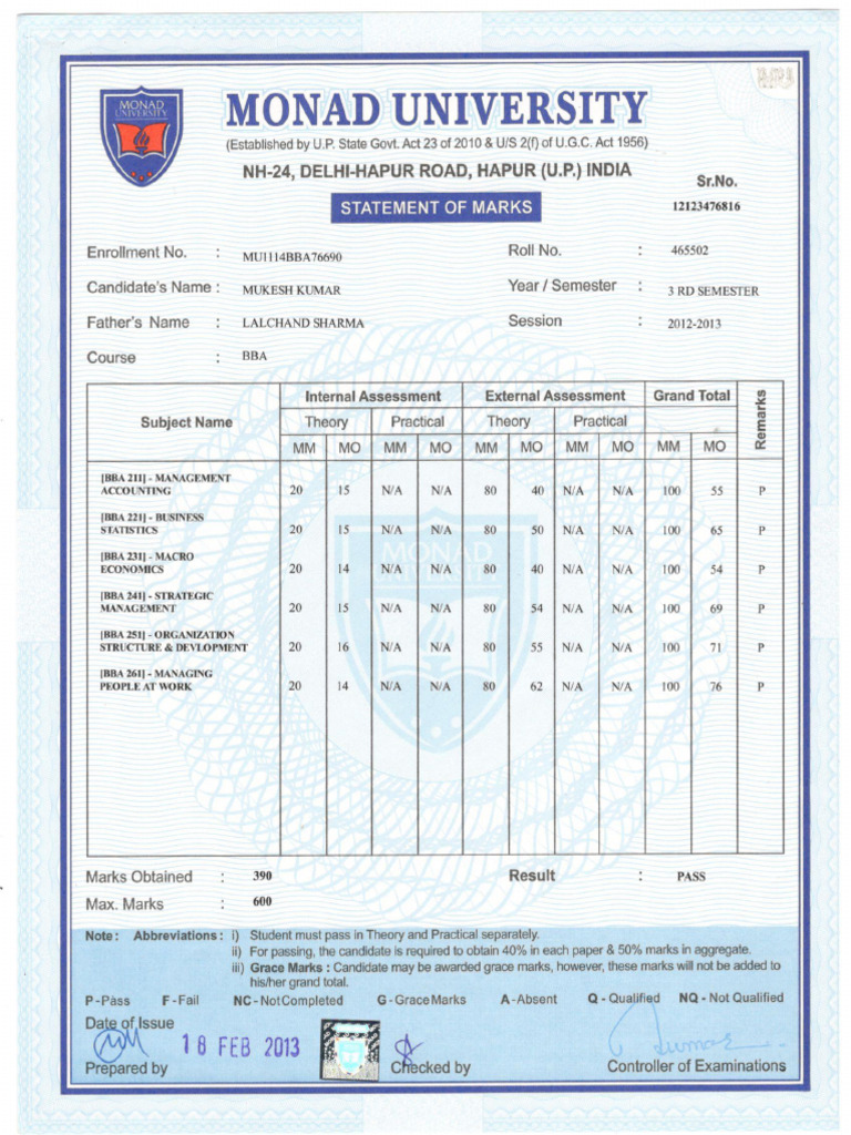 Sem.3 MarkSheet | PDF