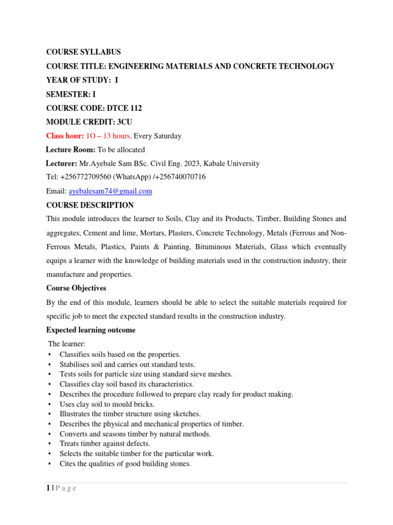 DTCE 112 Course Outline | PDF | Concrete | Lumber