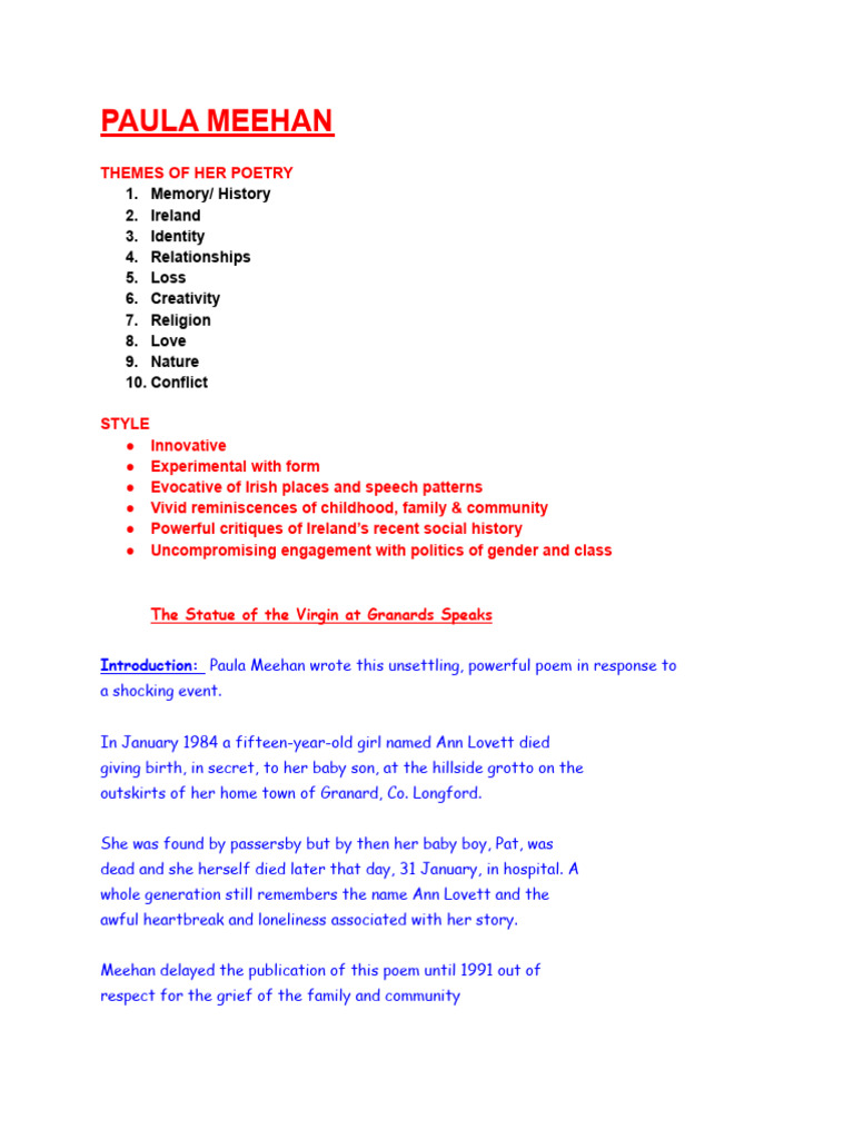 Analyzing Paula Meehan's Poetry Themes | PDF