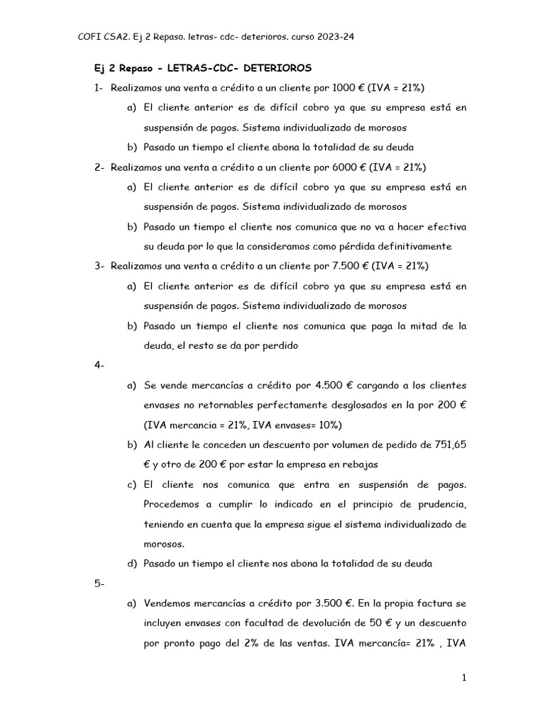 EJ 2 REPASO CDC DETERIOROS | PDF | Deuda | Comercio