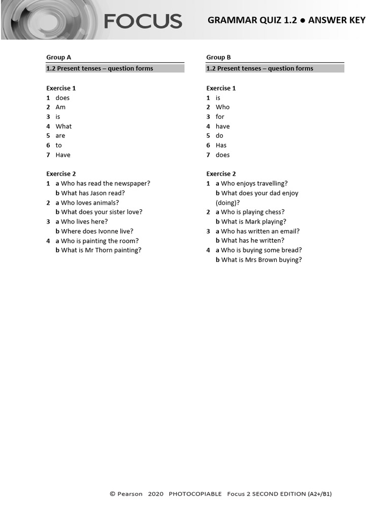 Focus2 2E Grammar Quiz Unit1 2 GroupA B ANSWERS | PDF