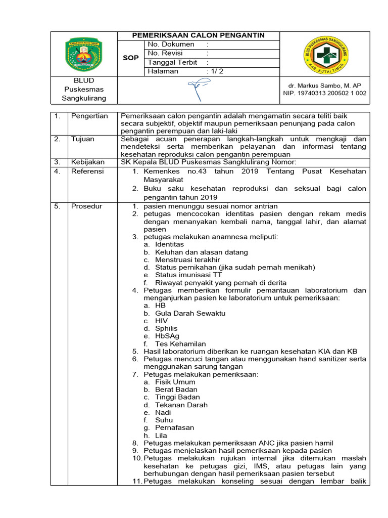 SOP Pemeriksaan Calon Pengantin | PDF | Sains & Matematika