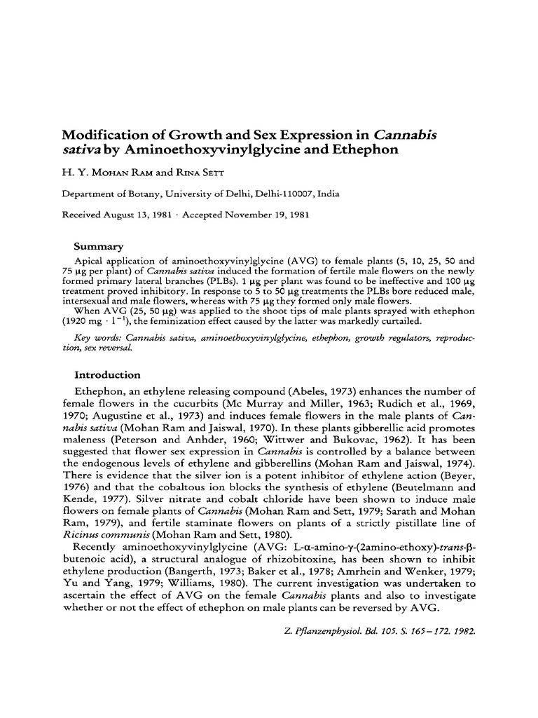 Modification Of Growth And Sex Expression In Cannabis Sativa By Aminoethoxyvinylglycine And