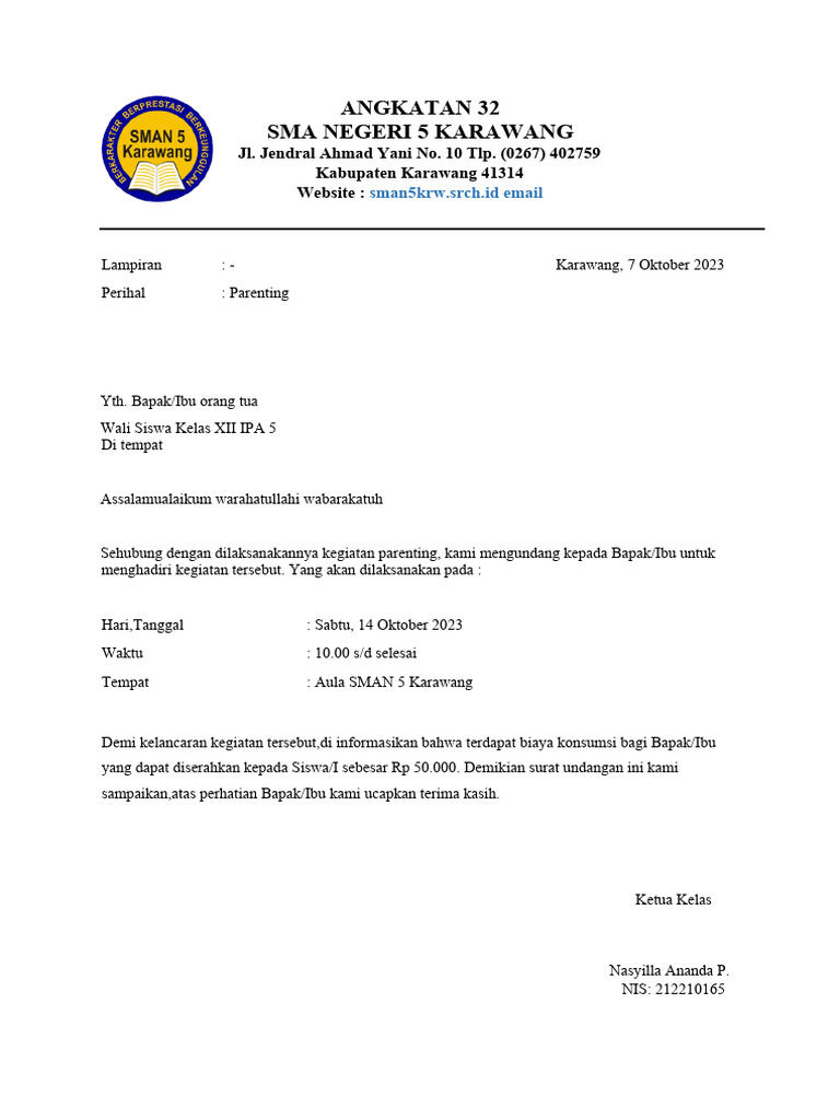 Surat Undangan Parenting XII IPA 5 | PDF